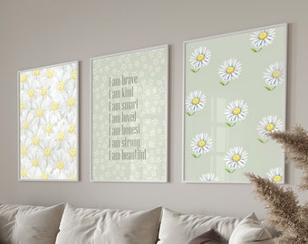 Preppy Daisy Print Sage Green Wall Art Flower Art Floral - Etsy