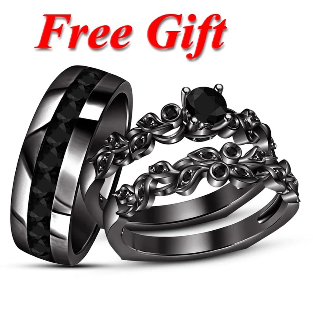 10k Black Gold Finish Trio Ring Set for Couple/ His Her Diamond Wedding ...