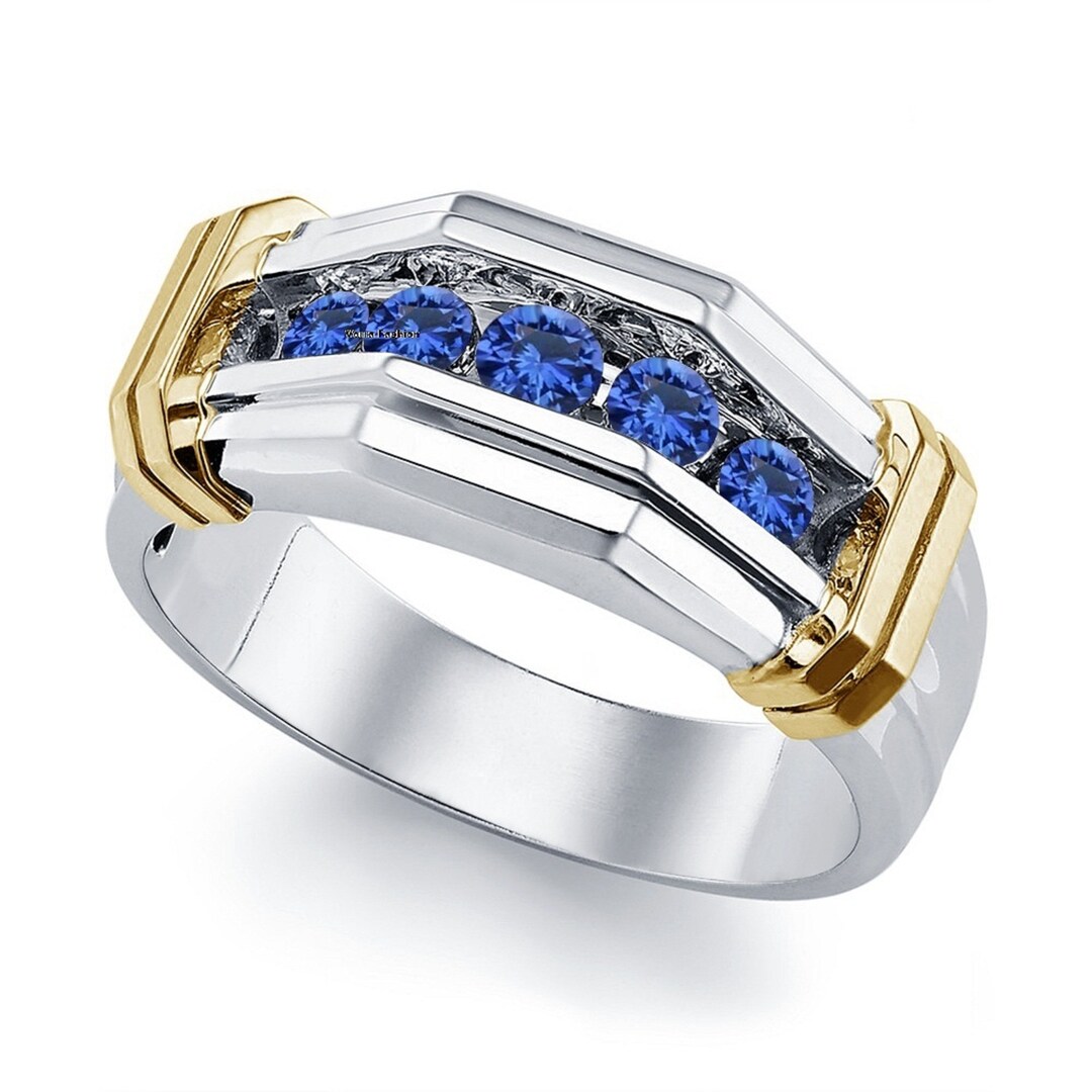 Blue Sapphire Engagement Rig for Men, Five Stone Men's Band Ring Round ...