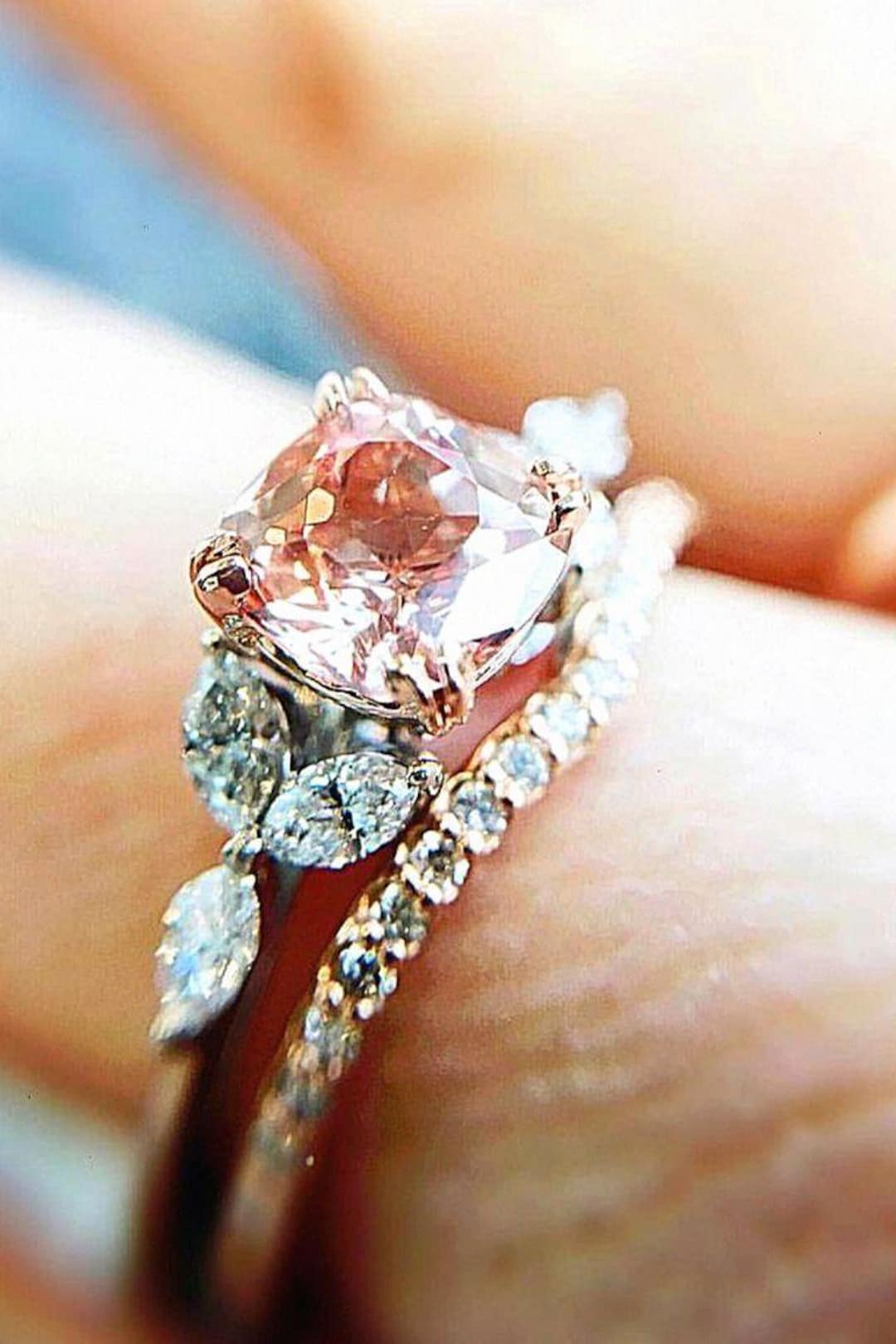 Dainty Pink Engagement Ring, Cushion Cut Pink Morganite Wedding Ring ...