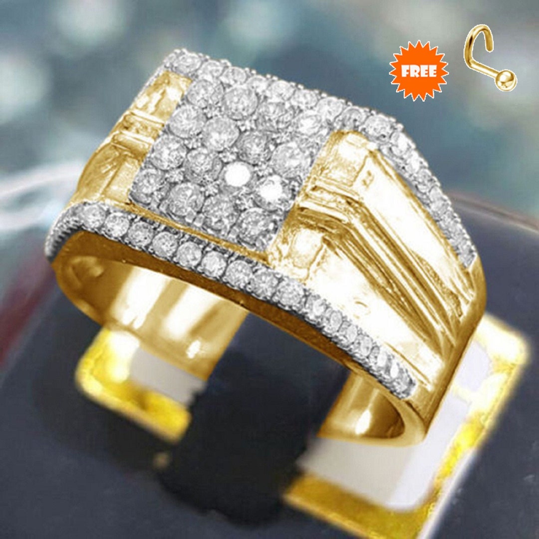 Mens Pinky Ring Sim Diamond Engagement Wedding Fancy Ring Yellow Gold ...