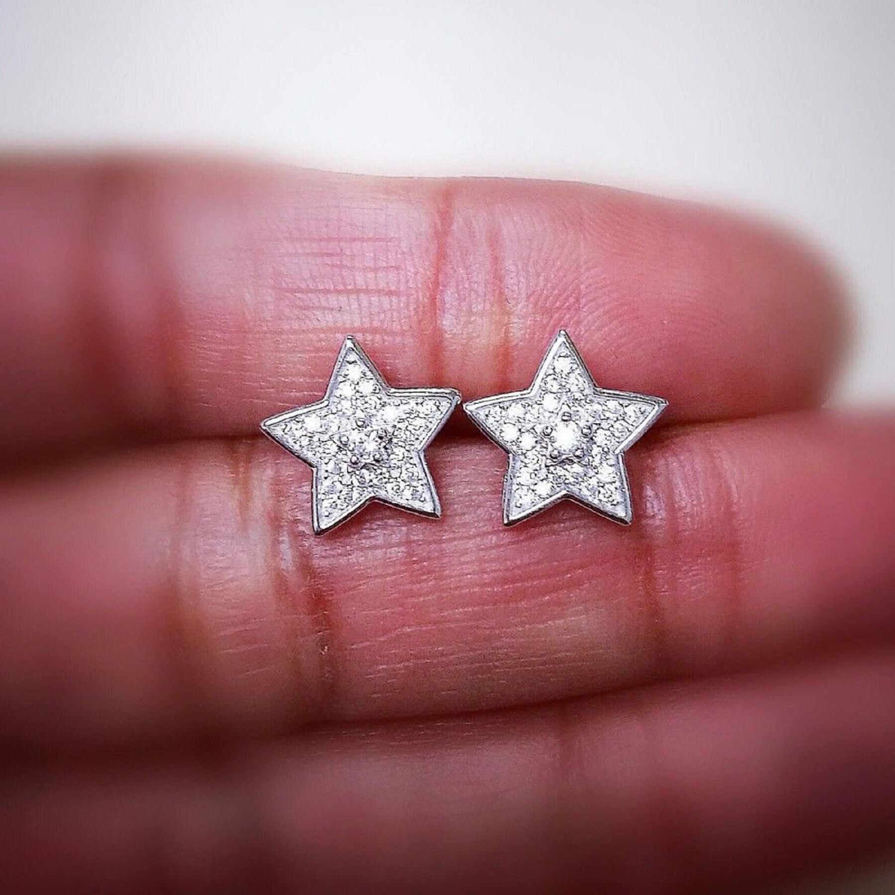 Round Cut Diamond Star Stud Earrings 14K Solid White Gold Fn | Etsy