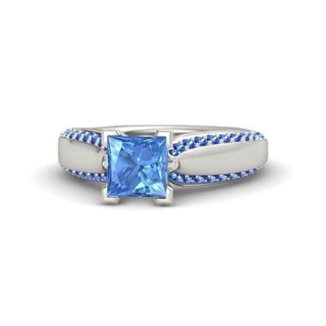 Elegant Blue Princess Cut Solitaire Accent Engagement Wedding Ring for ...