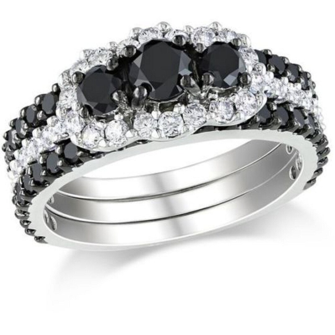 White Gold Plated 925 Silver Ring Set/ Round Cut Black Cz-moissanite ...