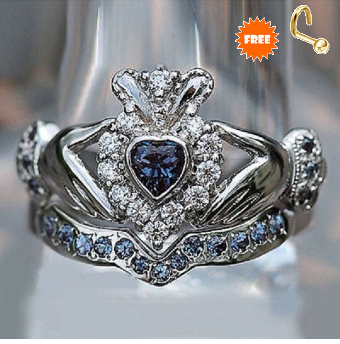 Unique Claddagh Ring for Women, Heart Shape Blue Topaz White Gold Fn ...