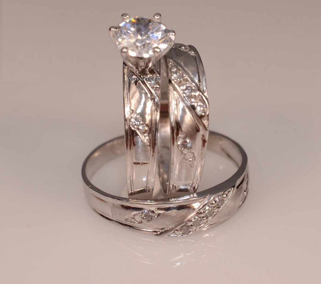 14K White Gold Finish Wedding Ring for Couple, Sparkling Diamond ...