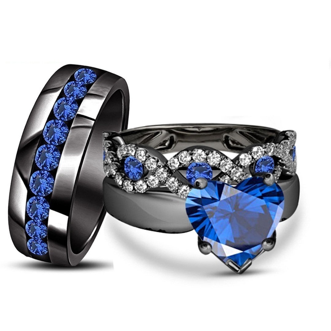 Men's & Women's Sapphire Engagement Wedding Trio, Heart-shaped 14k ...