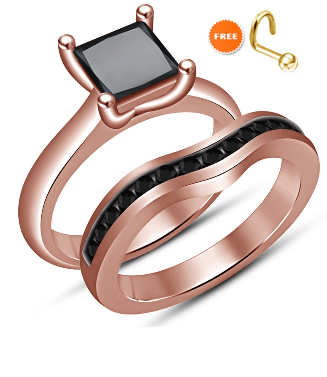 Princess Cut Black Diamond 2 Pieces Engagement Ring Set 925 | Etsy