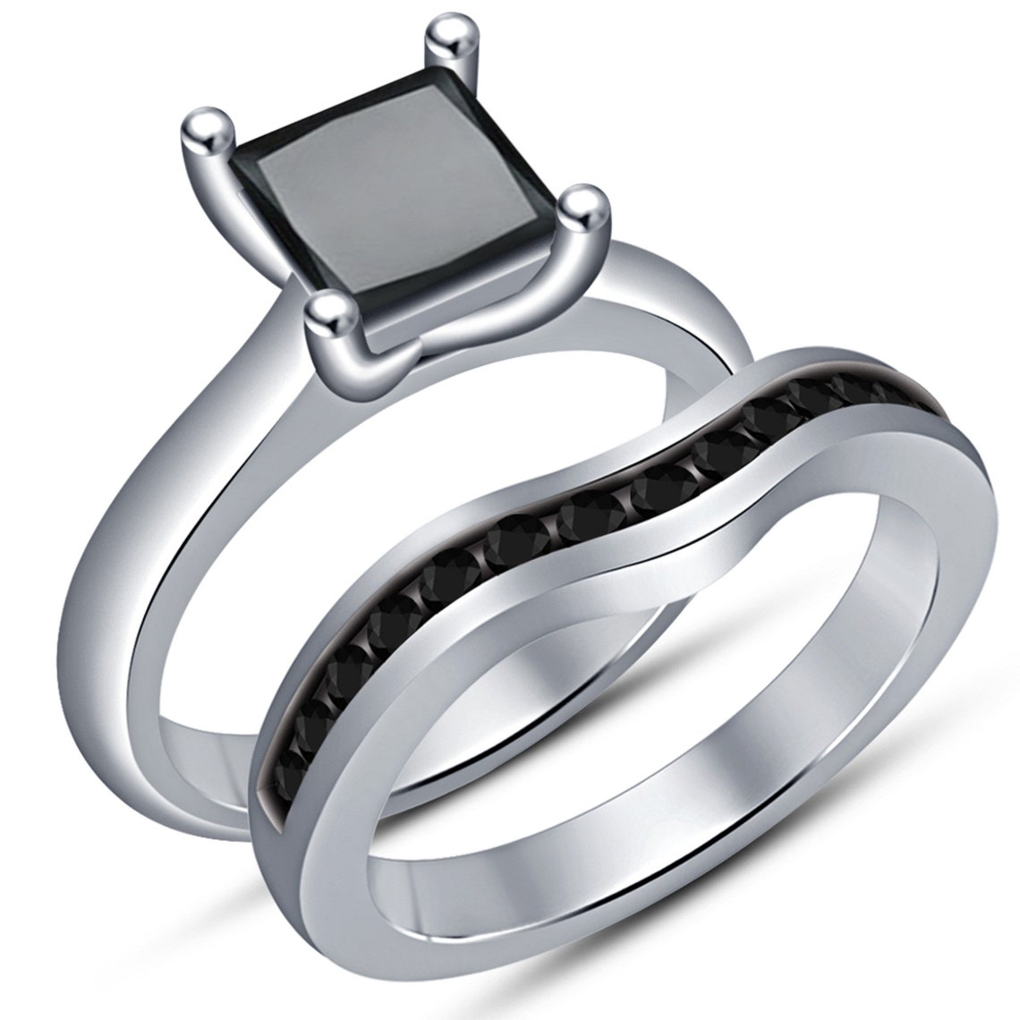 Princess Cut Black Diamond 2 Pieces Engagement Ring Set 925 | Etsy