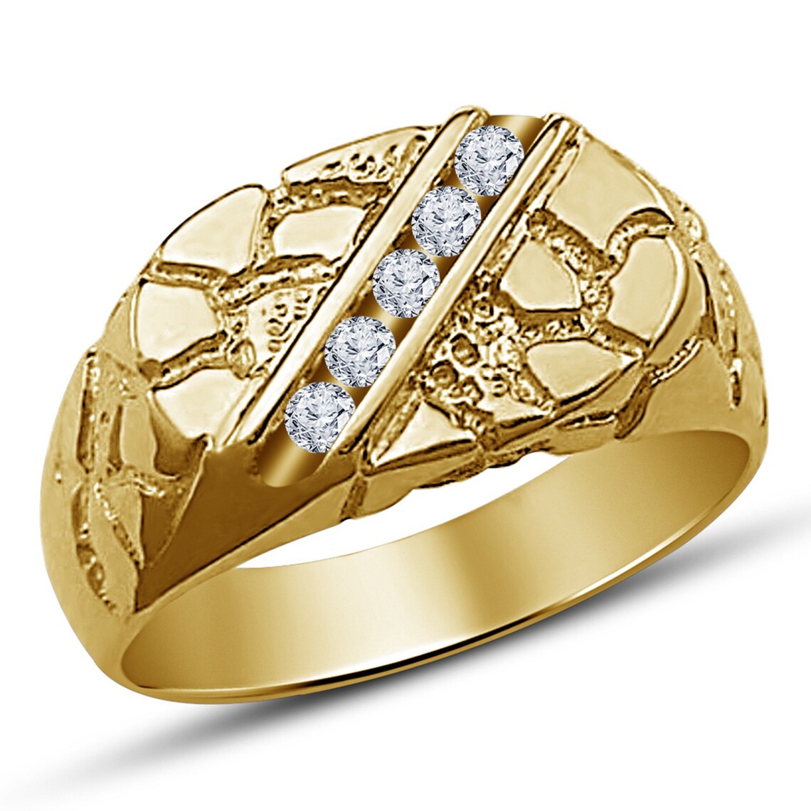 Men's 14K Yellow Gold Finish Nugget Style Round Cut White Simulated ...