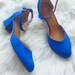 Blue Royal Suede Block Heels, Blue Leather Shoes, Block Heel Pumps ...