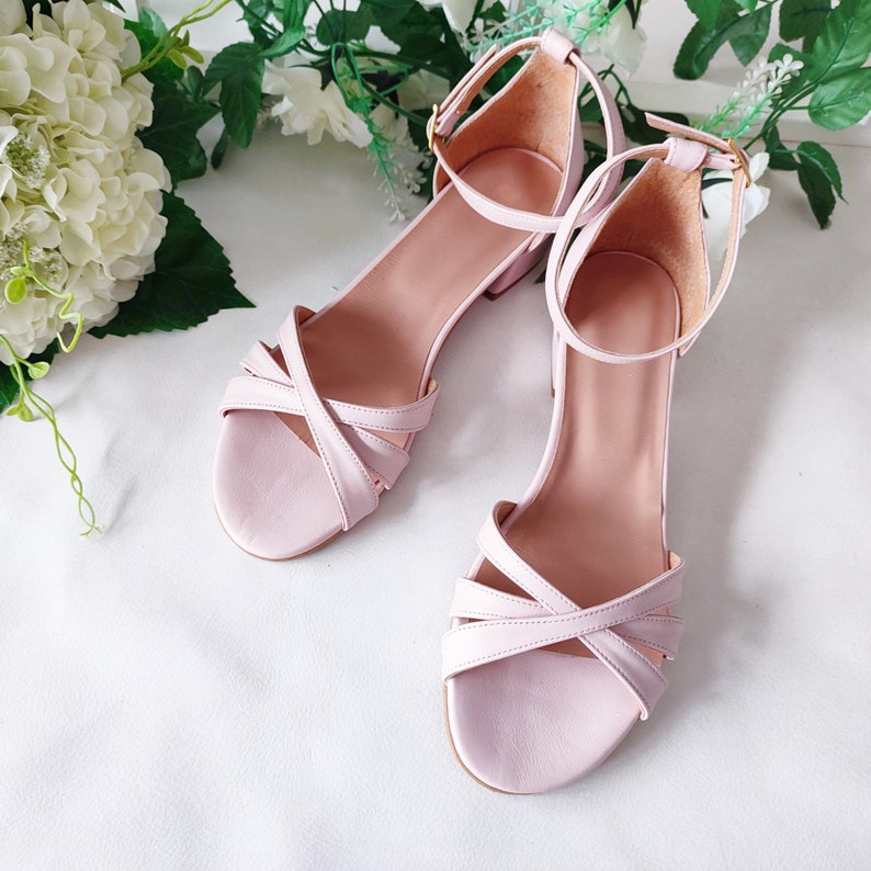 Short-heeled Beige Leather Bridal Shoes, 3cm Block Heel Sandals for ...