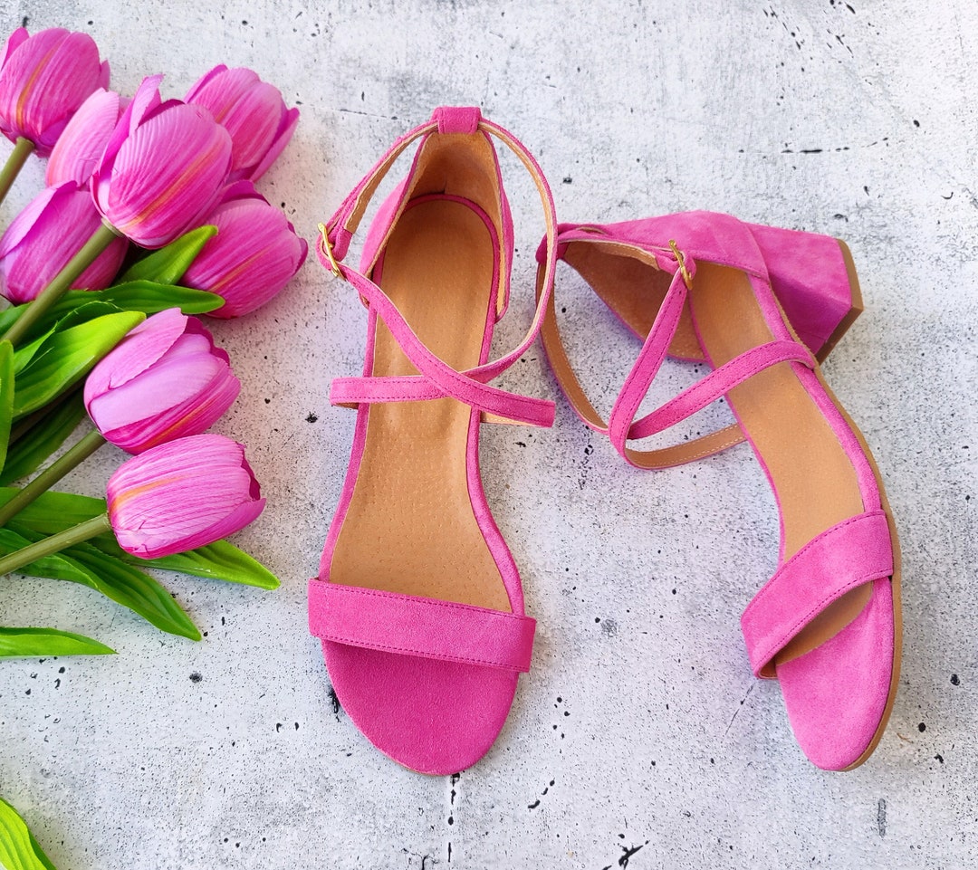 Hot Pink Women's Crisscross Ankle Stap Mid Block Heel Sandals, Strappy ...