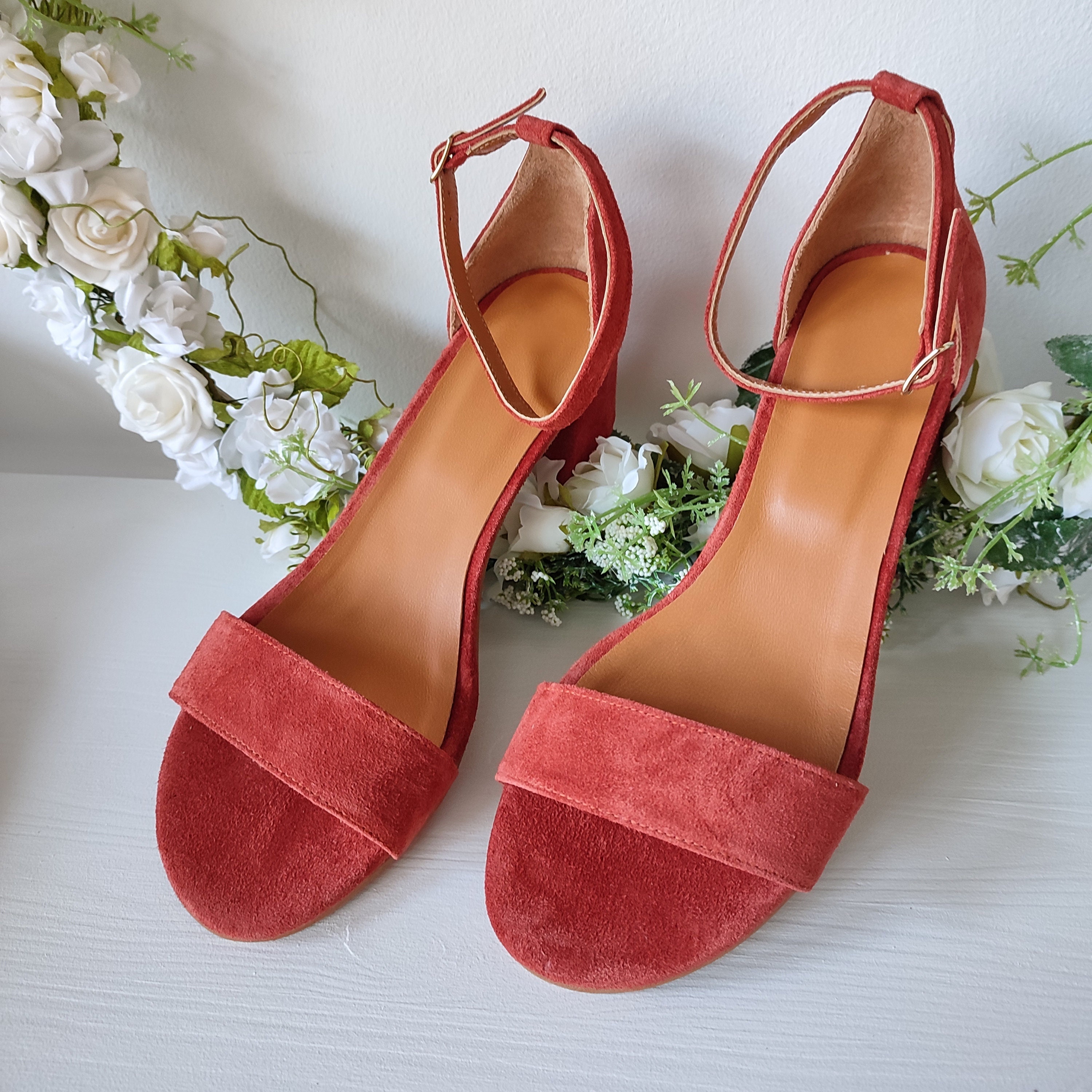 Rust Orange Suede Sandals, Ready to Ship Size 40 EUR, Ankle Wrap Block ...