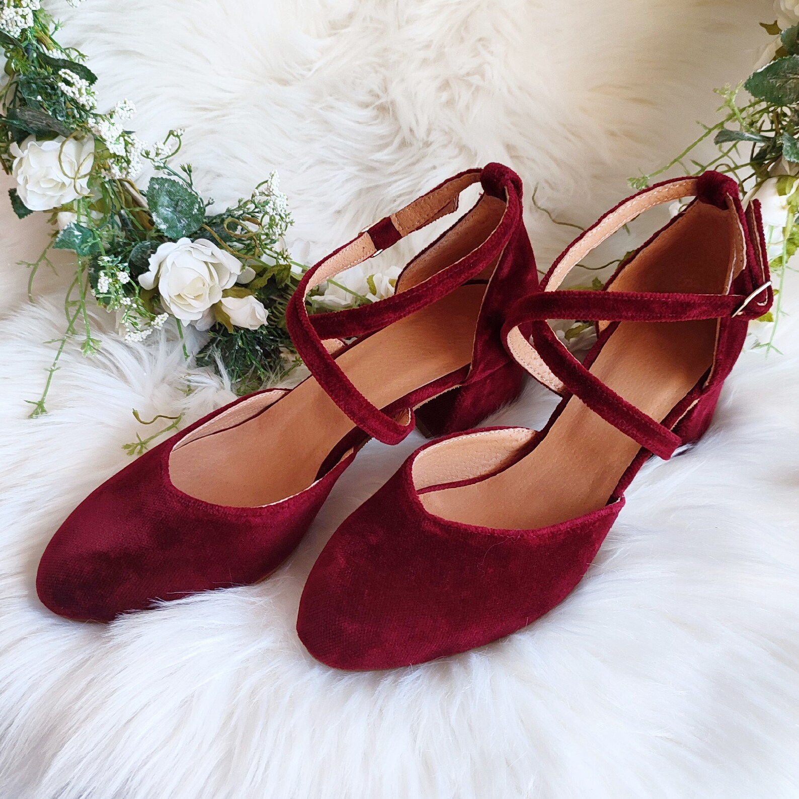 Red Wine Velvet Cross-front Wedding Gown Pumps, Bridal Block Heels ...