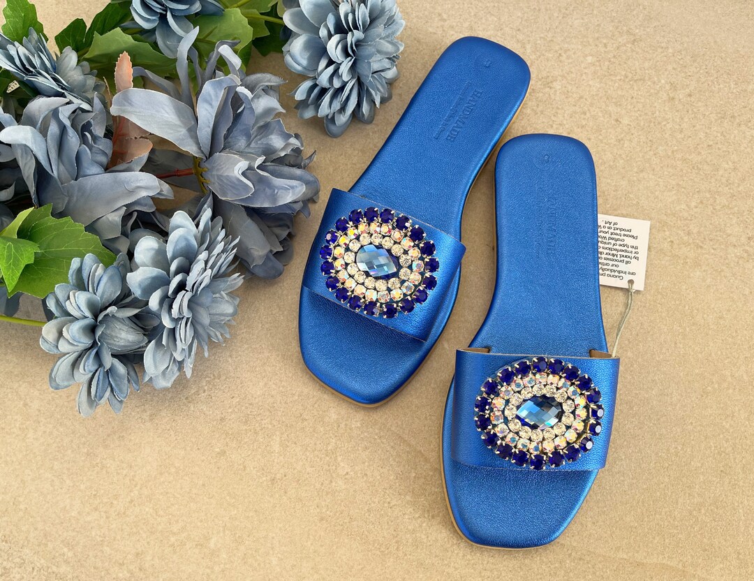 Royal Blue Metallic Slide Sandals, Rhinestone Detailing Summer Flats ...