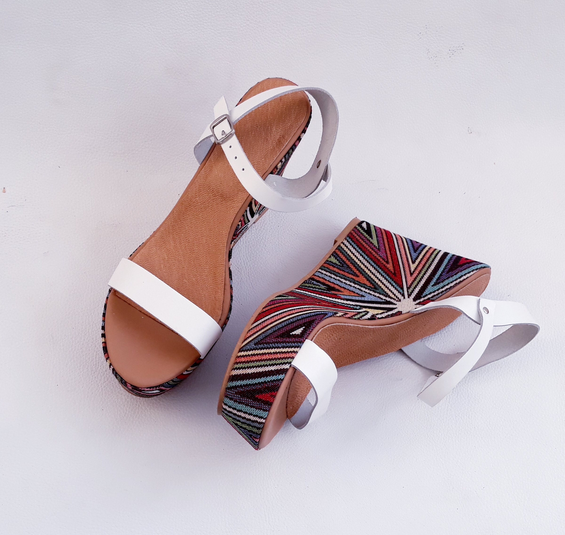 Boho Chic Wedges White Leather Shoes With Ankle Strap Summer | Etsy