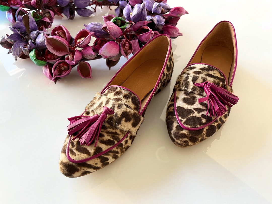 Women's Leopard Pony Hair Moccasins With Magenta Edge and Tassels ...