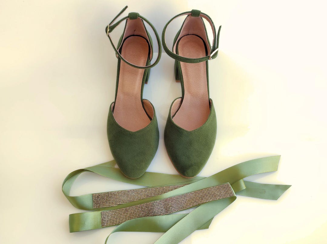 Dual Style Bridal Heels, Versatile Sage Green Wedding Heels, Strap ...