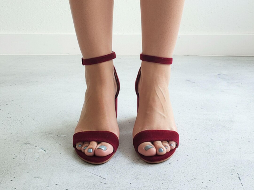 Merlot Velvet Block Heels, Strappy Sandals for Brides, Dark Red Ankle ...