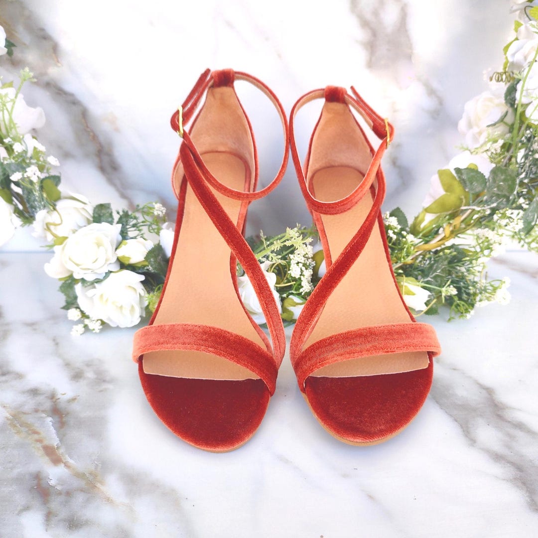 Heeled Rust Orange Velvet Ankle Strap Sandals, Strappy Heels, Open Toe ...