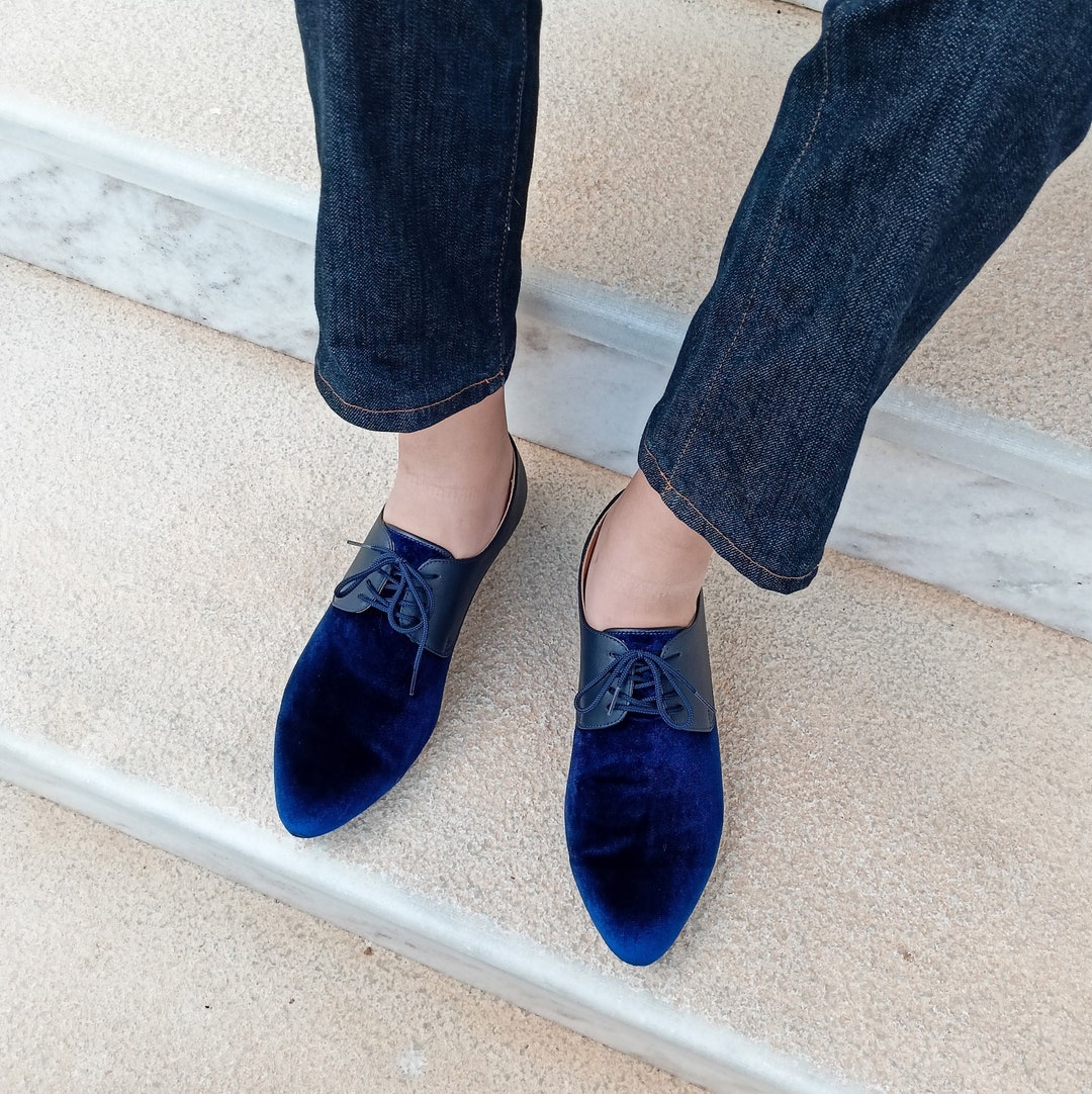Blue Woman Shoes Blue Velvet Derby Shoes With Leather Derby - Etsy