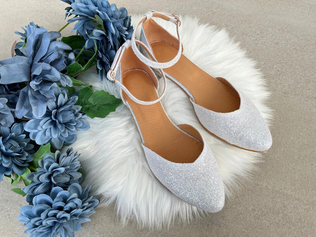 White Glitter Wedding Shoes, Sparkly Pointy Toe Flats With Ankle Strap ...