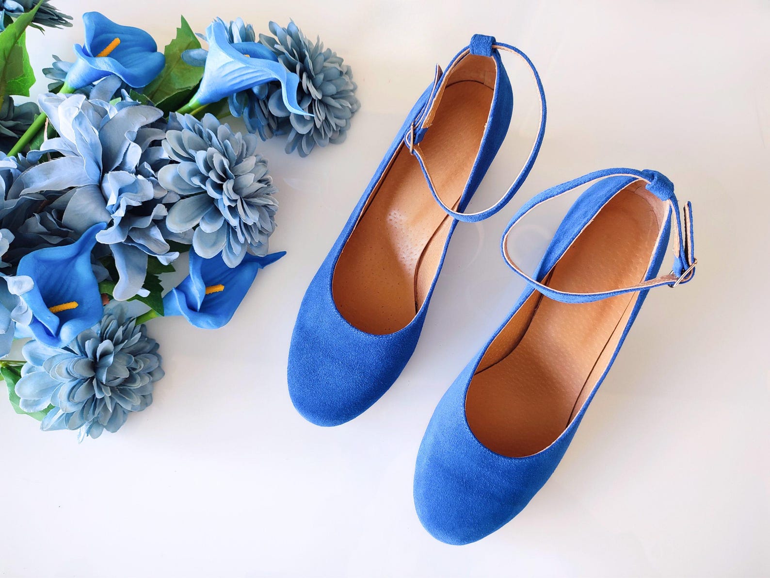 Royal Blue Ankle-tie Pumps, Mid Block Heels, Rounded-toe Suede Leather ...