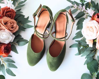 Sage Green Heels for Wedding, Celadon Green Velvet Women's Bridal Shoes ...