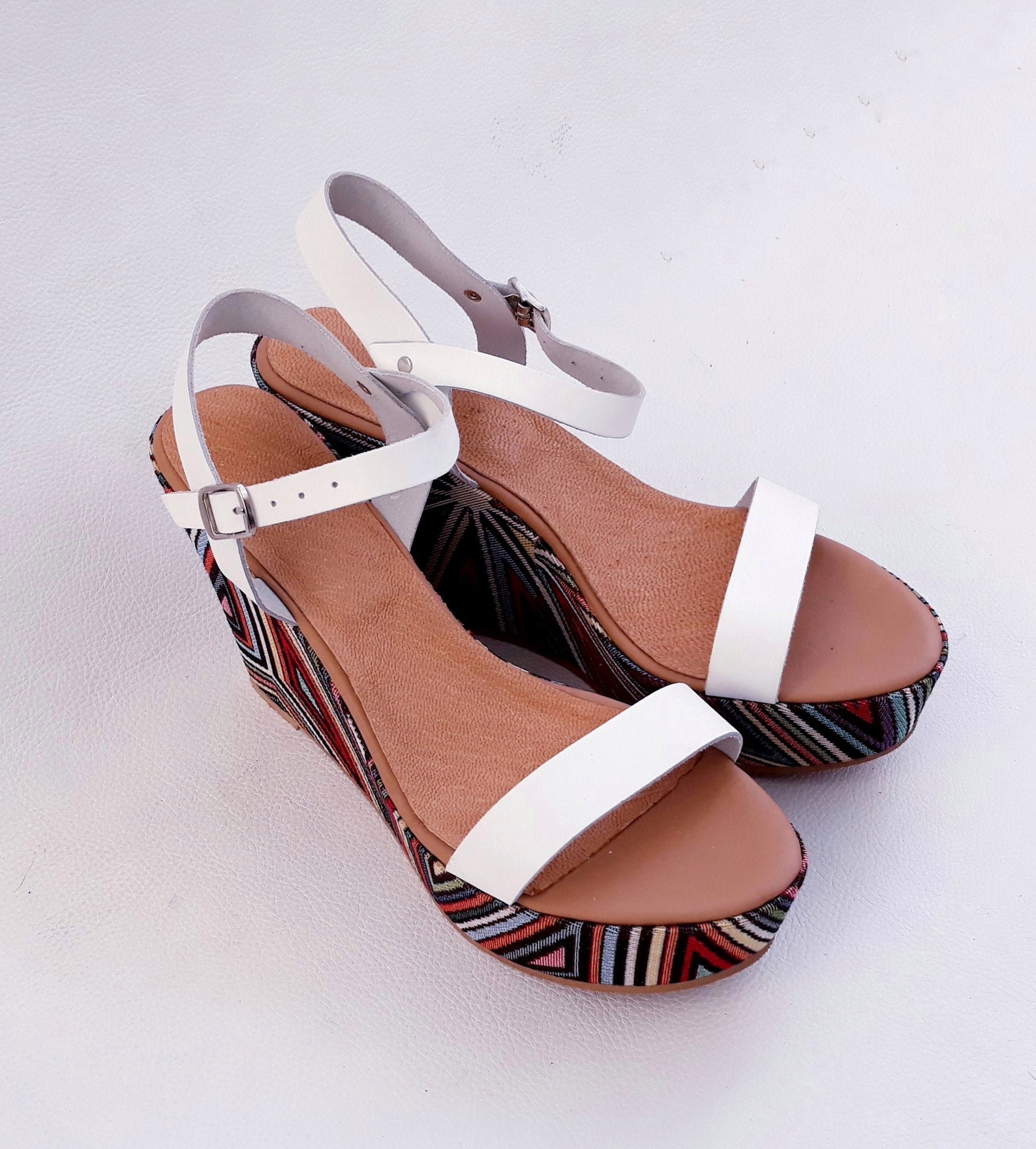 Boho Chic Wedges White Leather Shoes With Ankle Strap Summer | Etsy