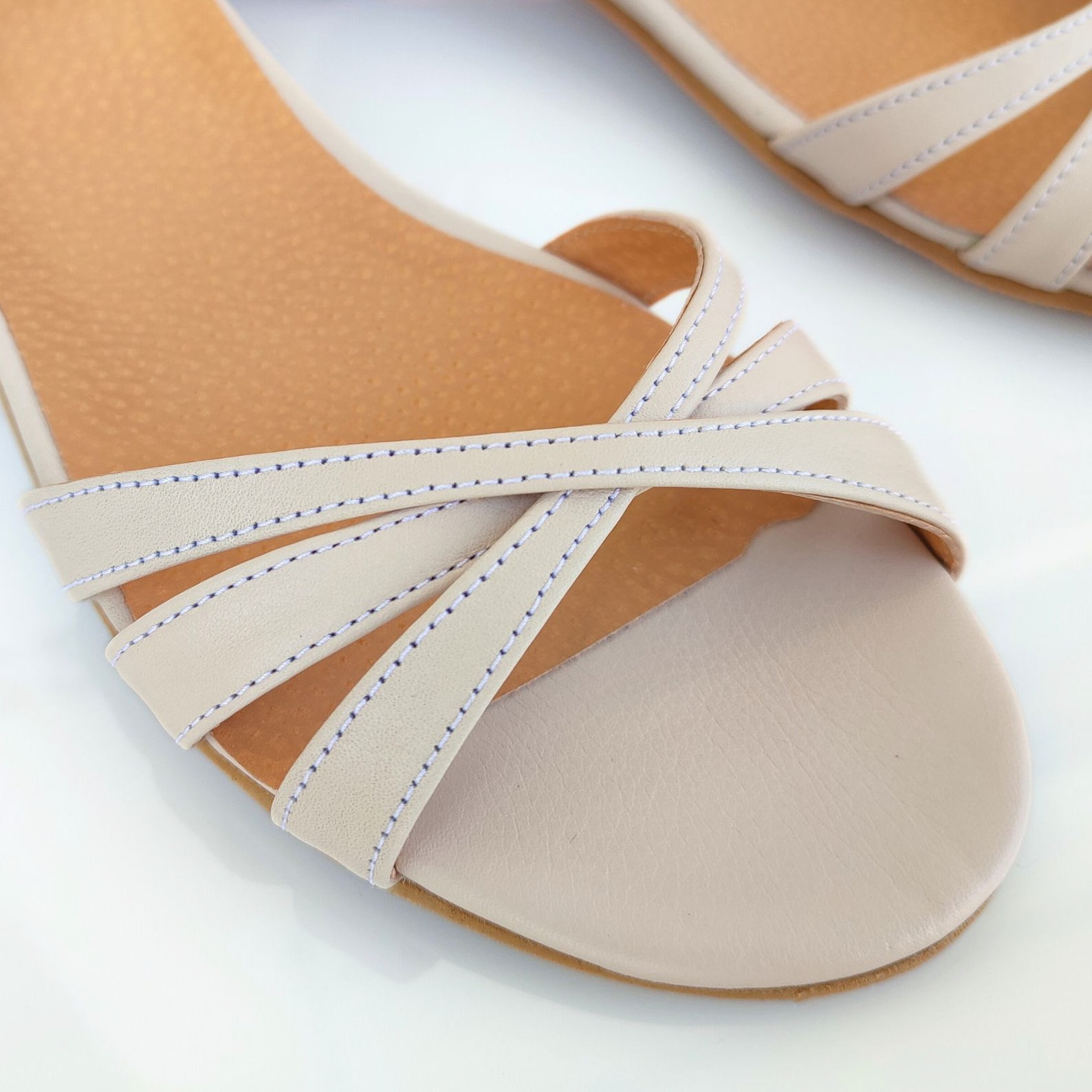 Short-heeled Beige Leather Bridal Shoes, 3cm Block Heel Sandals for ...