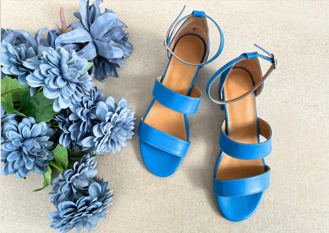 Bright Blue Strappy Sandals, Azure Blue Twin Strap 3 Cm High Block ...
