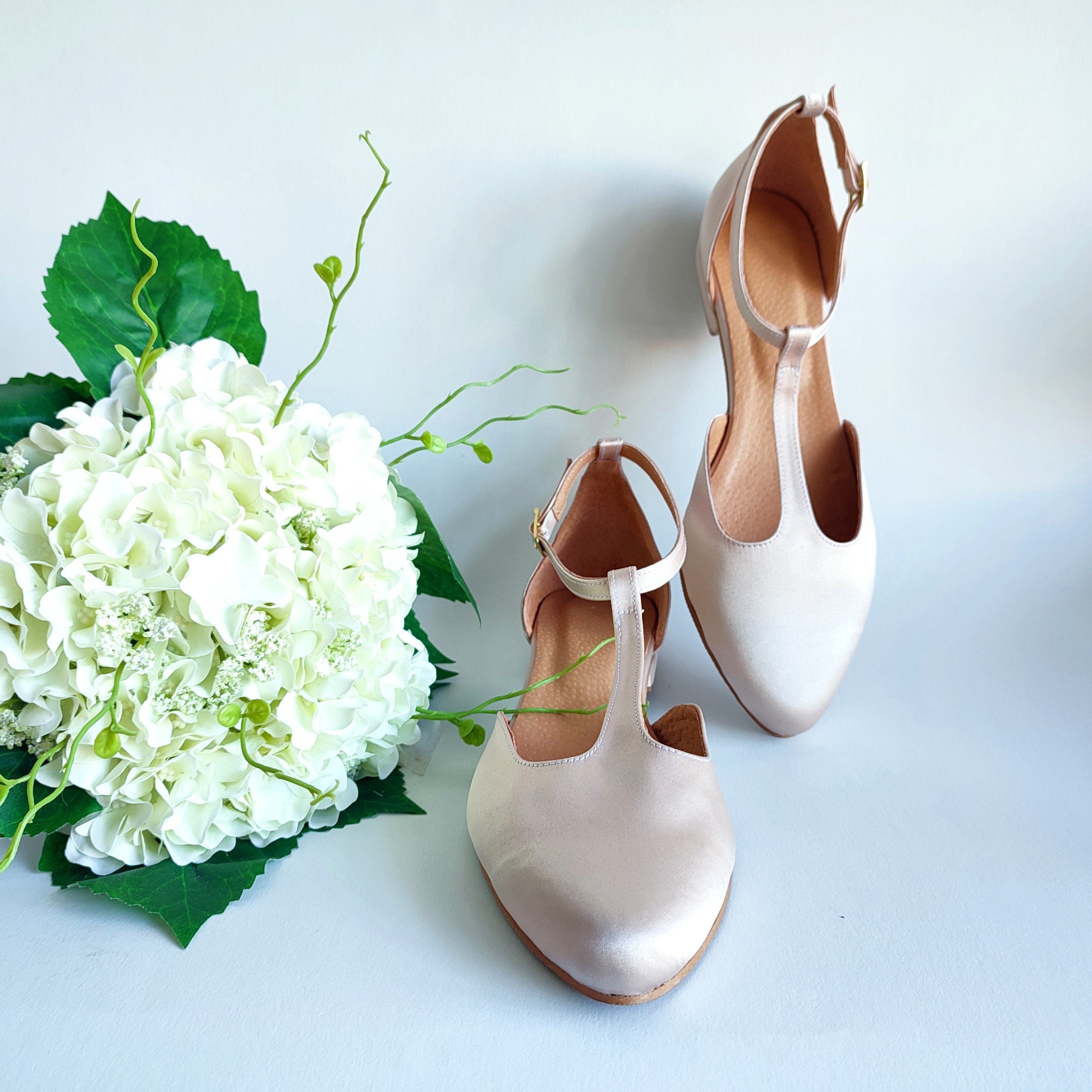 Wedding T-bar Satin Shoes, Ballet Ankle Closures, Ivory Satin Pointy ...