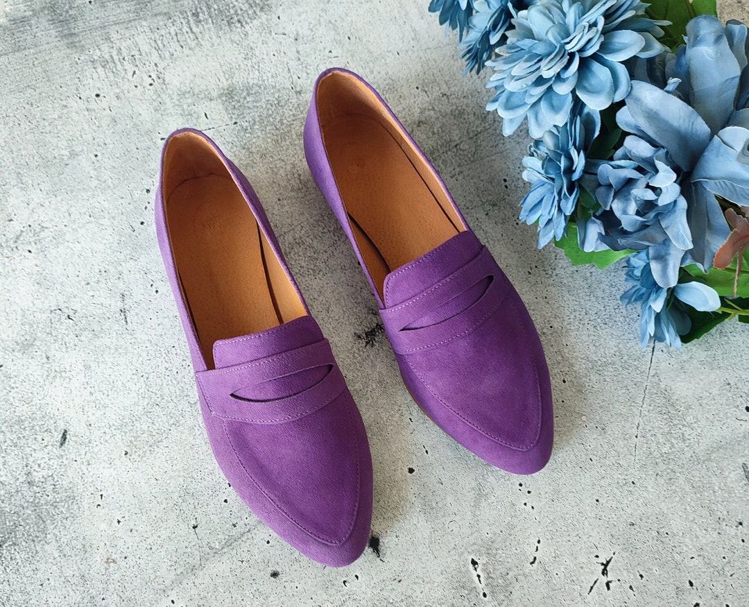 Women Purple Suede Loafers, Leather Slip-ons, Classic Pointed Toe ...