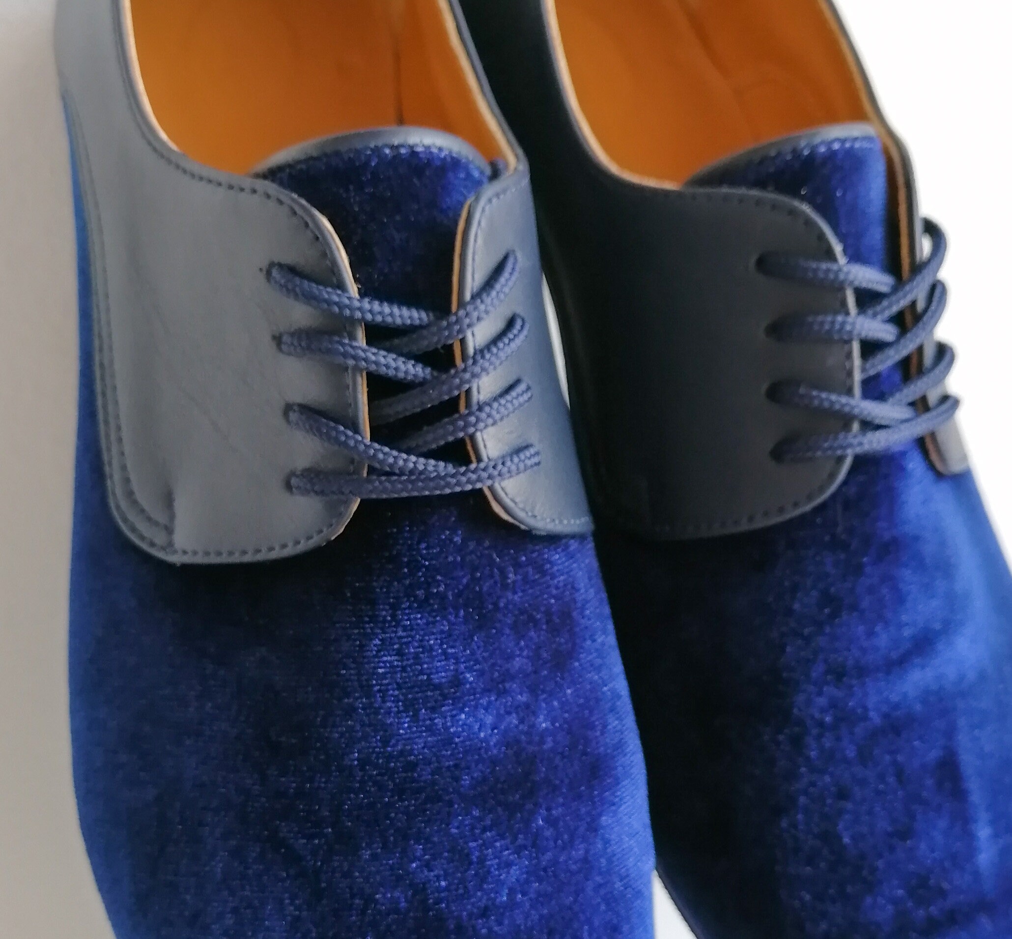 Blue Velvet Oxford Flats for Women, Handmade Lace up Derby Shoes ...