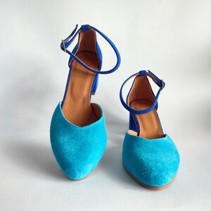 Trendy Color Block Ankle Strap Heels, Suede Leather Pumps, Chunky Mid ...
