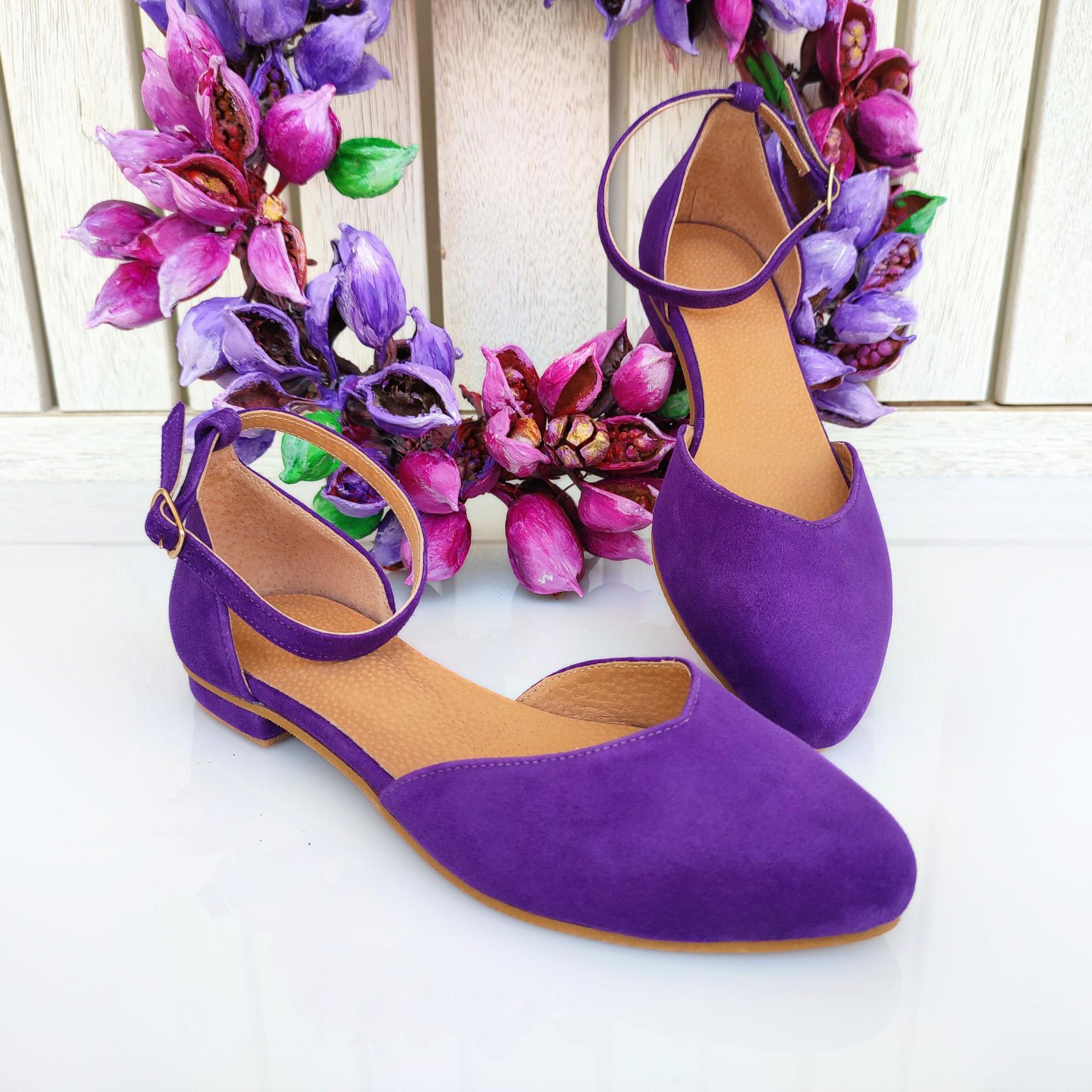 Special Event Ankle Strap Ballet Shoes in Purple Suede Leather, Women's ...