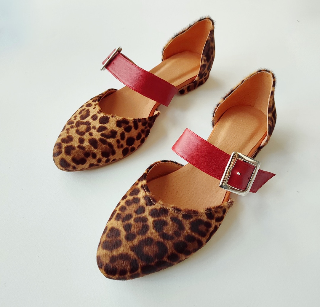 Women's Leopard Print Ballerinas, Leather Strap Slip-on Ballet Flats ...