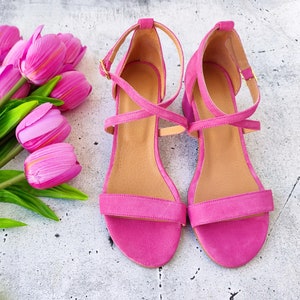 Hot Pink Women's Crisscross Ankle Stap Mid Block Heel Sandals, Strappy ...