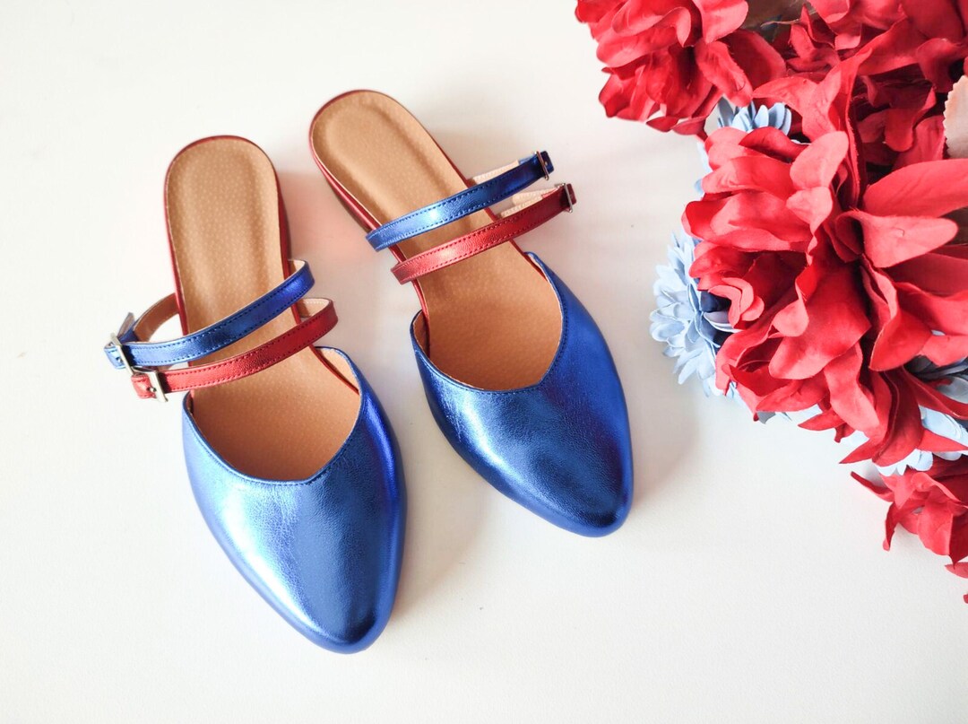 Luxe Royal Blue and Red Leather Statement Flats, Low Heel Ankle Strap ...