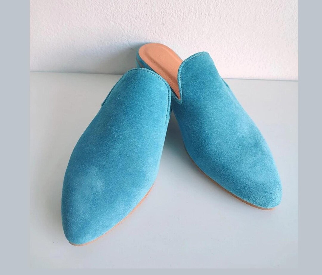 Women's Closed Toe Sandals in Teal Blue, Suede Leather Mules, Comfy ...