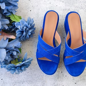 Strappy Fashion Heels, Royal Blue Suede Platform Shoes, Comfortable and ...