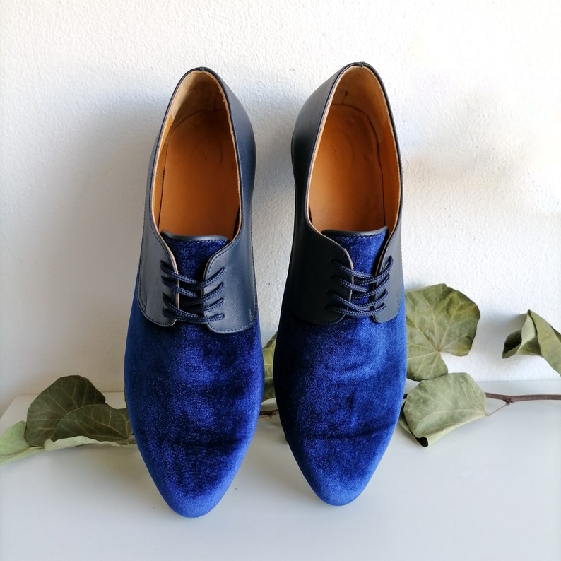 Blue Velvet Oxford Flats for Women, Handmade Lace up Derby Shoes ...