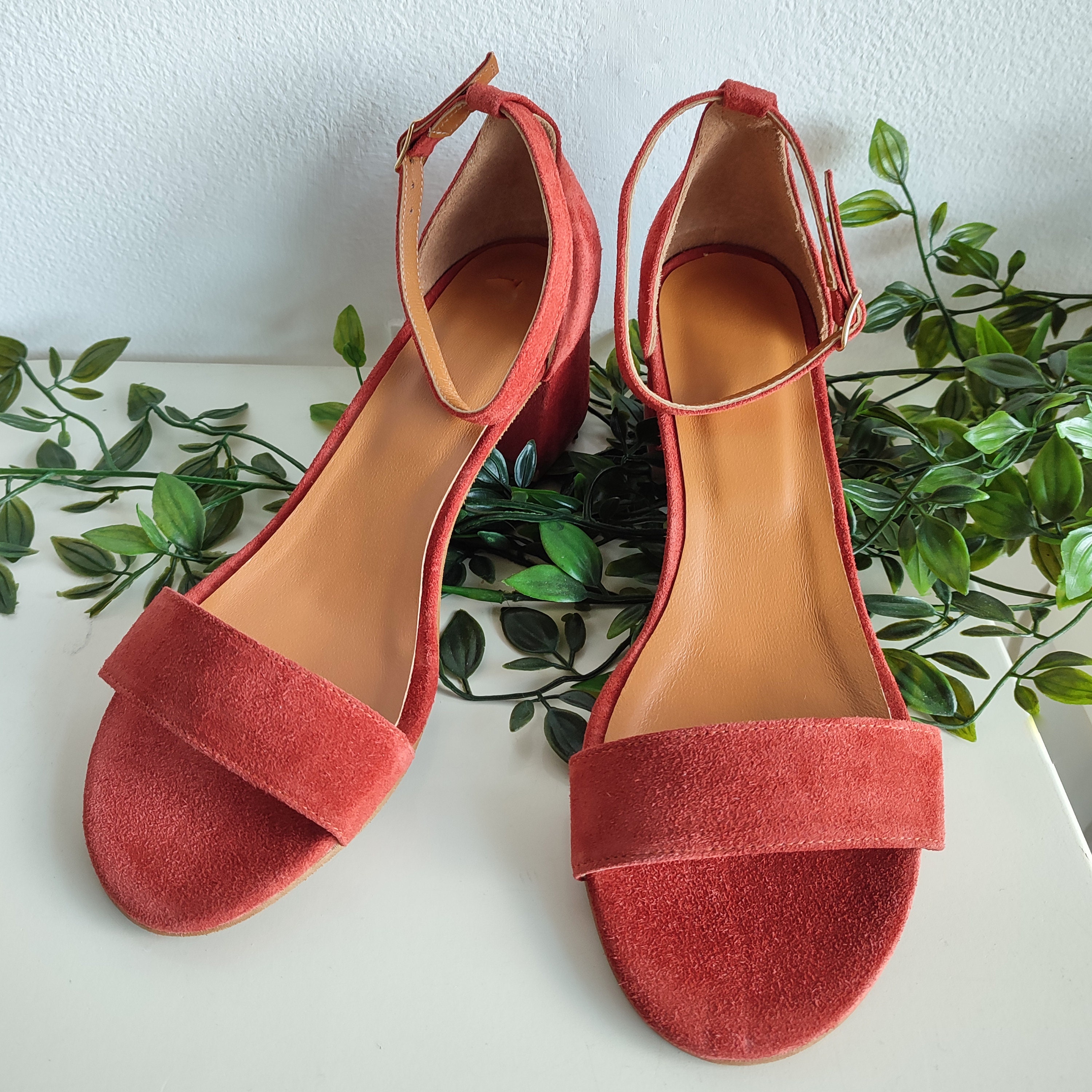 Rust Orange Suede Sandals, Ready to Ship Size 40 EUR, Ankle Wrap Block ...