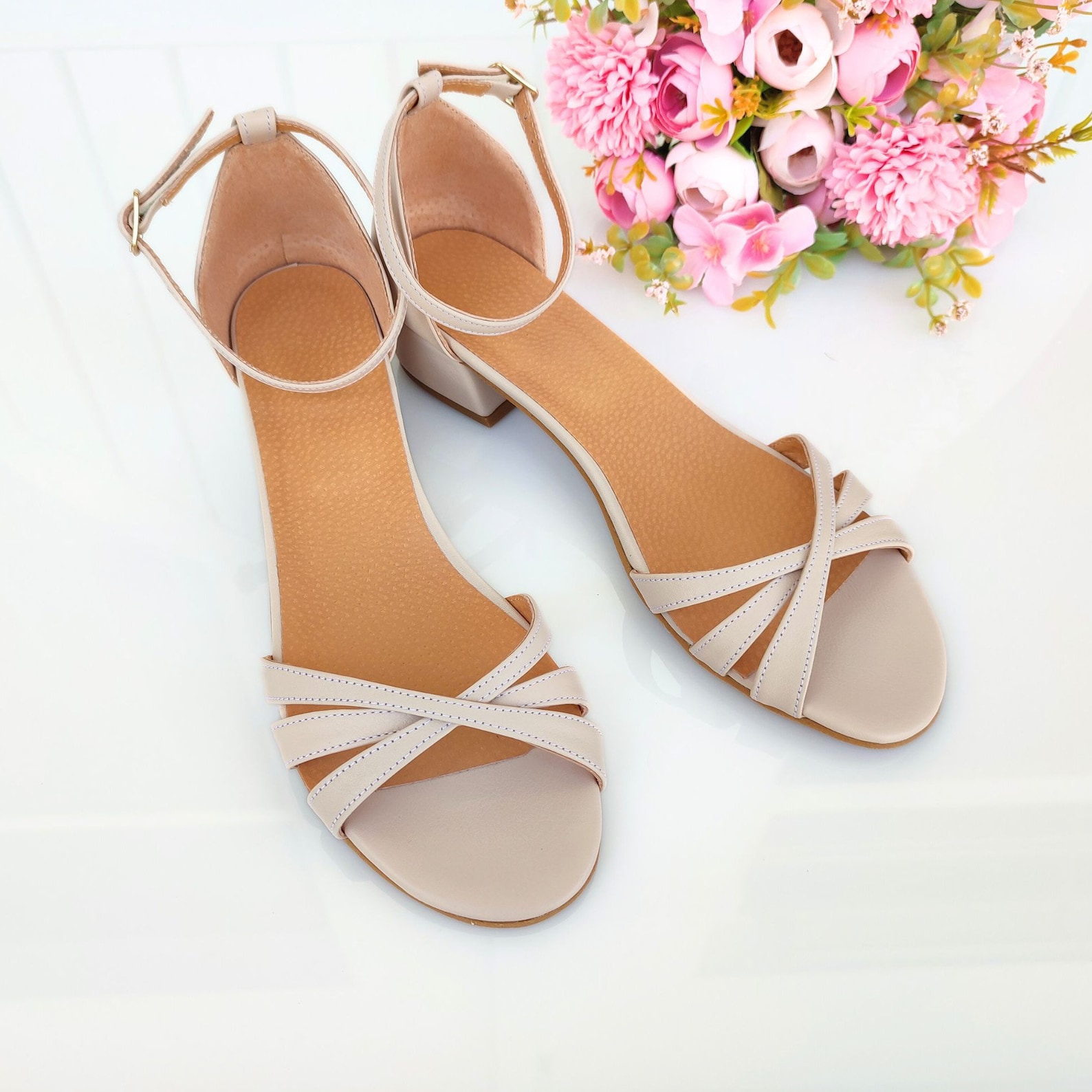 Short-heeled Beige Leather Bridal Shoes, 3cm Block Heel Sandals for ...