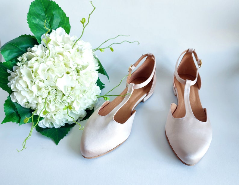 Wedding T-bar Satin Shoes, Ballet Ankle Closures, Ivory Satin Pointy ...