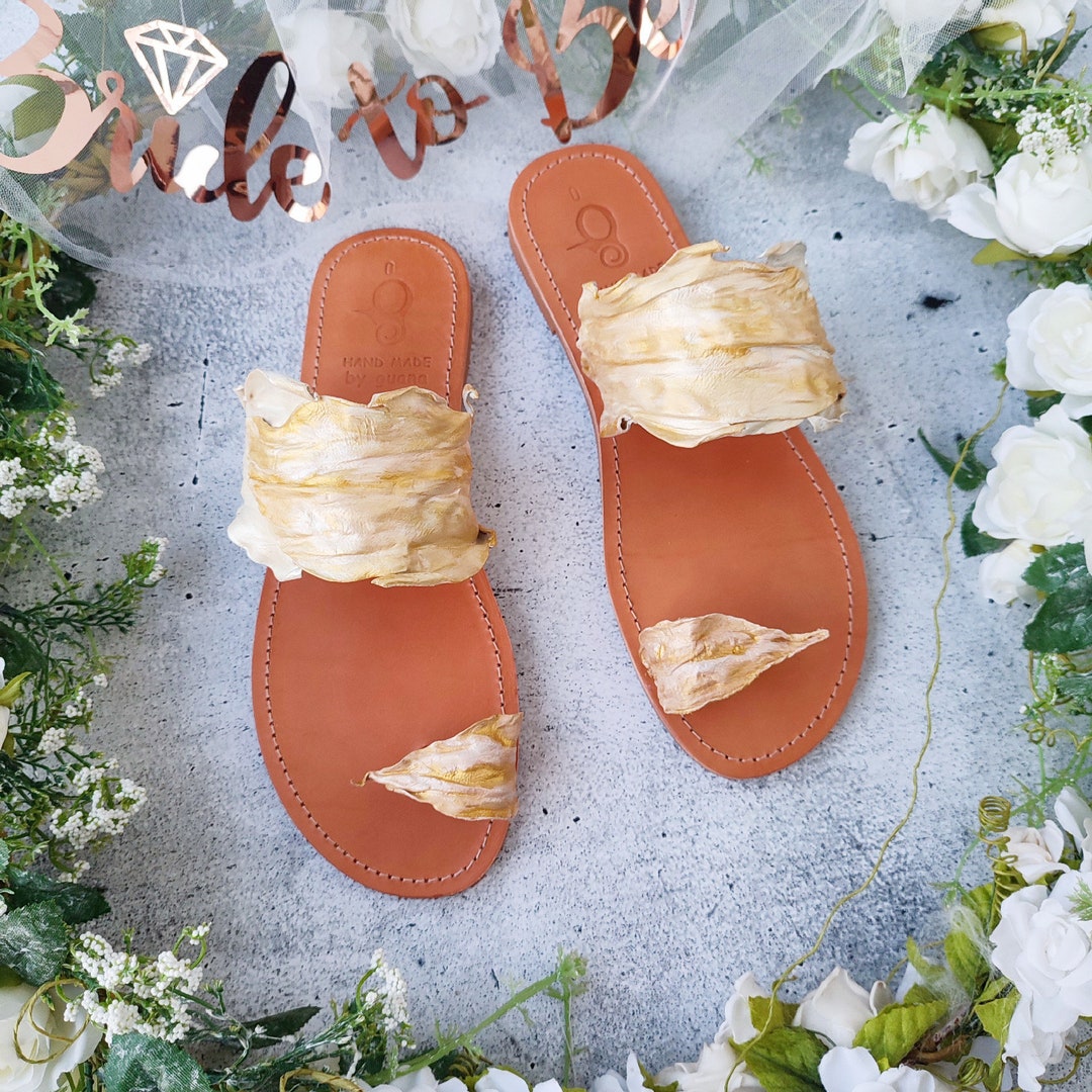 Gold Leather Sandals, Boho Chic Toe-ring Slides, Elegant Evening Flats ...