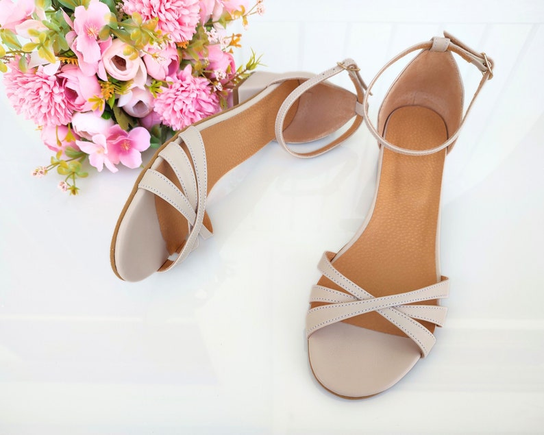 Short-heeled Beige Leather Bridal Shoes, 3cm Block Heel Sandals for ...