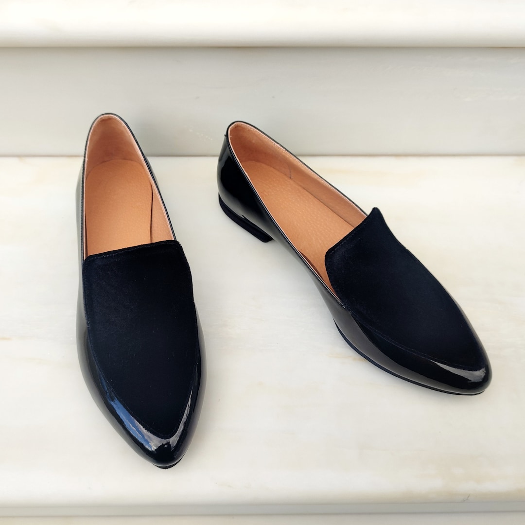 Women's Modern Slip-ons in Shiny Black Leather With Velvet Accents ...