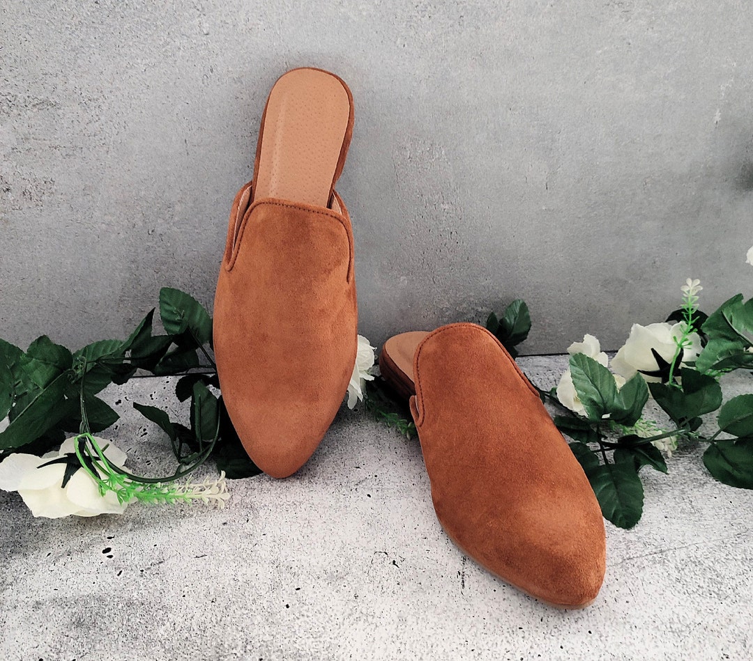 Women's Brown Suede Mules, Moroccan Style Flats, Leather Slides, Warm ...